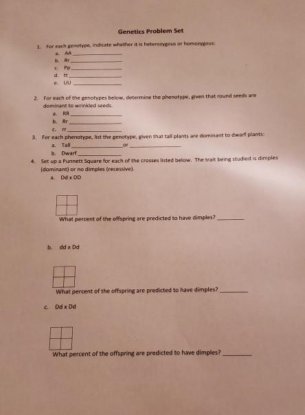 Solved Genetics Problem Set 1. For each genotype, indicate | Chegg.com