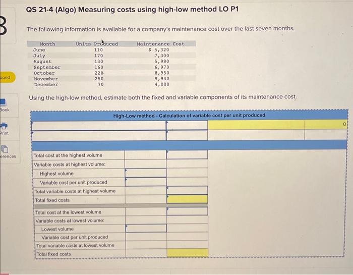 Solved QS 21-4 (Algo) Measuring costs using high-low method | Chegg.com