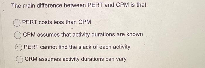 Solved The main difference between PERT and CPM is that PERT | Chegg.com