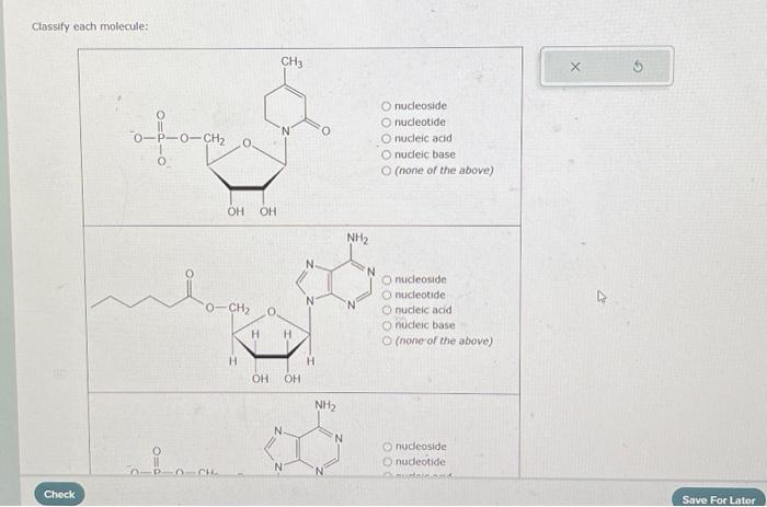 Solved Classify each molecule: nucleoside nucleotide nucleic | Chegg.com