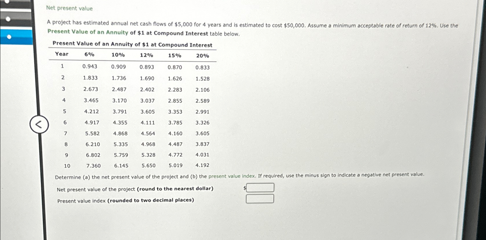 Solved Net present valueA project has estimated annual net | Chegg.com