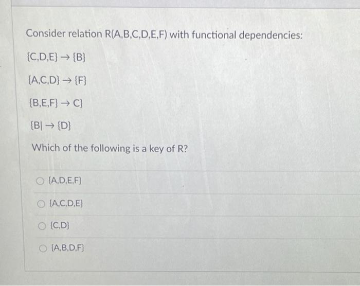 Solved Consider relation R(A,B,C,D,E,F) with functional | Chegg.com