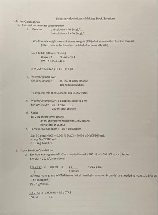 Solved Solution calculations - Making Stock Solutions ution | Chegg.com
