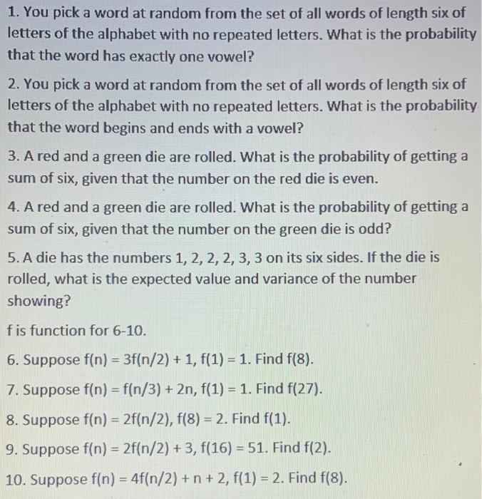 Solved 1. You pick a word at random from the set of all | Chegg.com