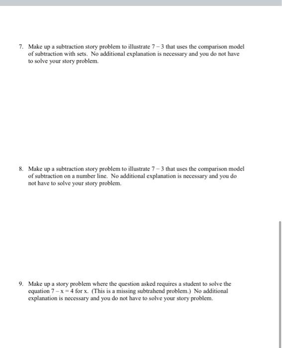 Solved 7. Make up a subtraction story problem to illustrate | Chegg.com
