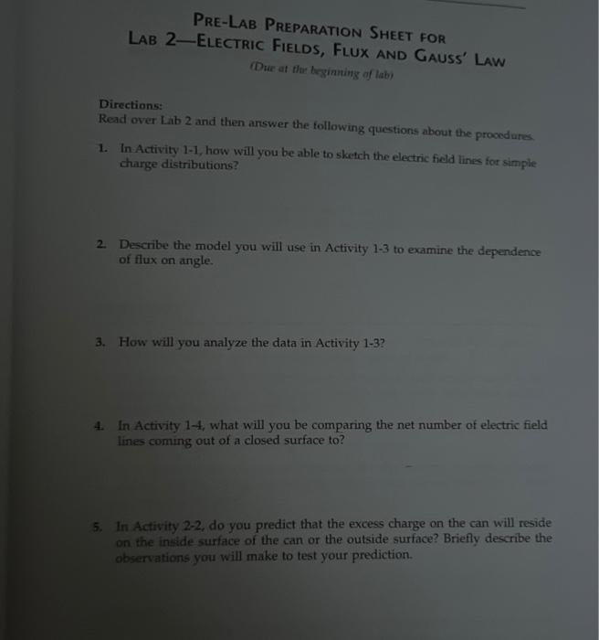 Solved Pre-Lab PREPARATION SHEET FOR LAB 2-ELECTRIC FIELDS, | Chegg.com