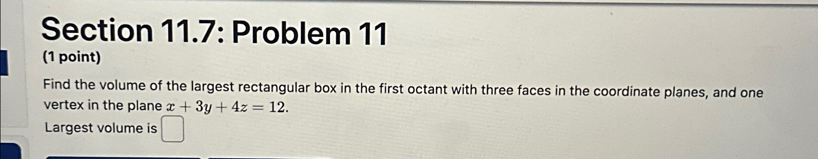 Solved Section 11.7: Problem 11(1 ﻿point)Find the volume of | Chegg.com