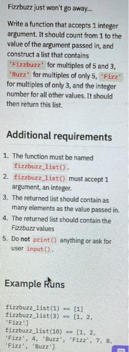 Solved Fizzbuzz just won't go away... Write a function that | Chegg.com