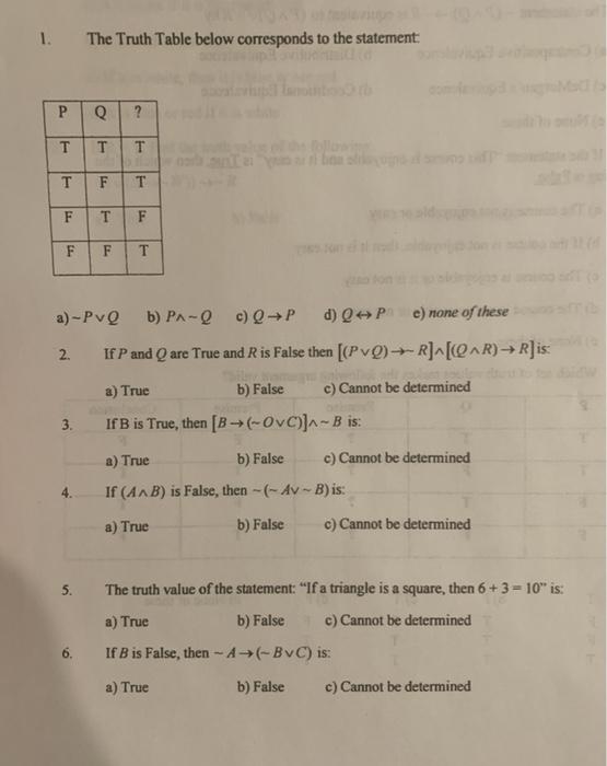 Solved 1. The Truth Table below corresponds to the statement | Chegg.com