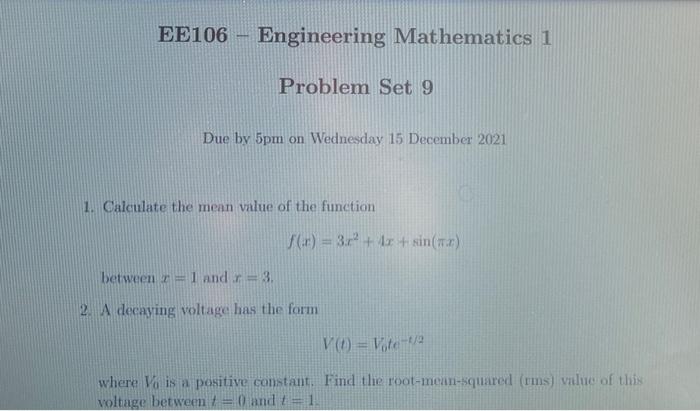 Solved EE106 - Engineering Mathematics 1 Problem Set 9 Due | Chegg.com