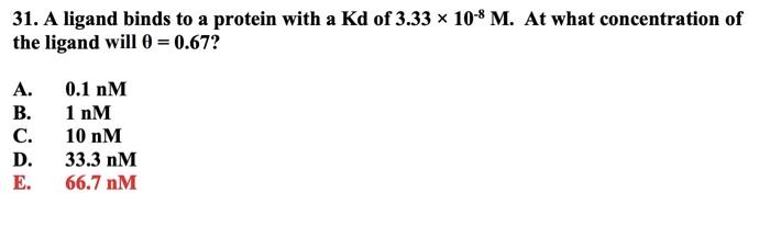 Solved 31. A ligand binds to a protein with a Kd of 3.33 × | Chegg.com