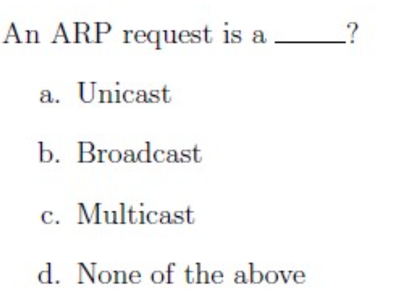 Solved An ARP request is a q, ?a. ﻿Unicastb. ﻿Broadcastc. | Chegg.com