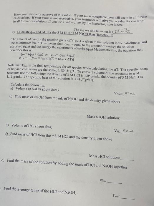 Solved Procedure 1 Calorimeter Has O Procedure 2 Naoh Hcl