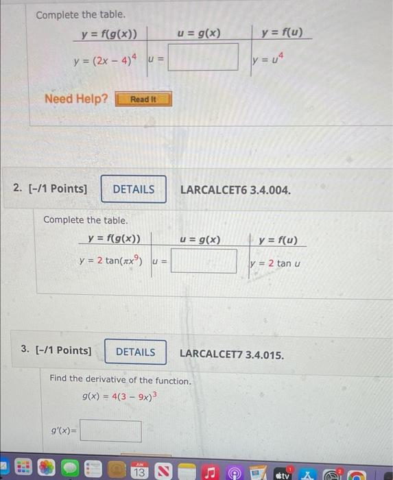 Solved Complete the table. y = f(g(x)) y = (2x-4)4 u = Need | Chegg.com