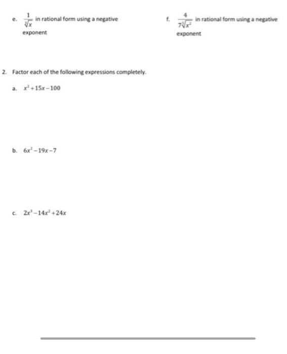 Solved e. 3x1 in rational form using a negative f. 73x24 in | Chegg.com
