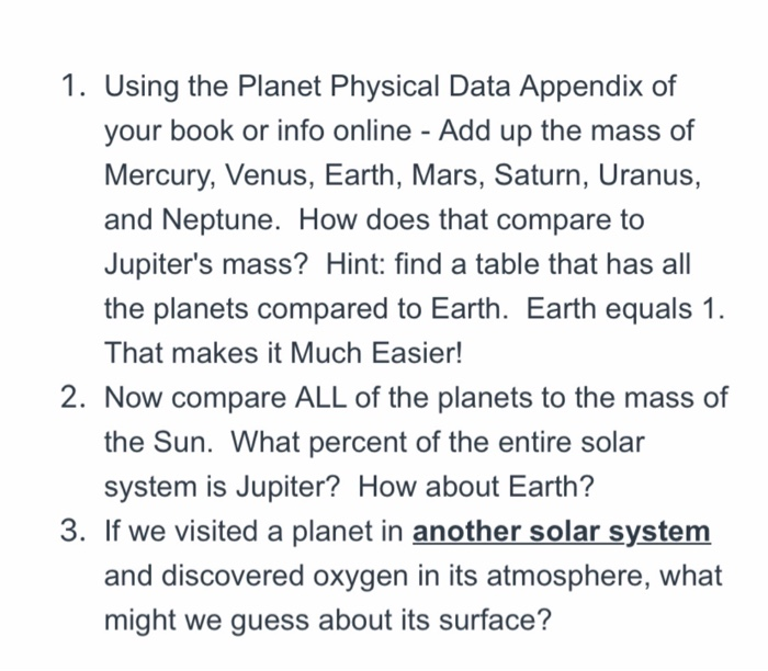 Solved 1. Using the Planet Physical Data Appendix of your | Chegg.com