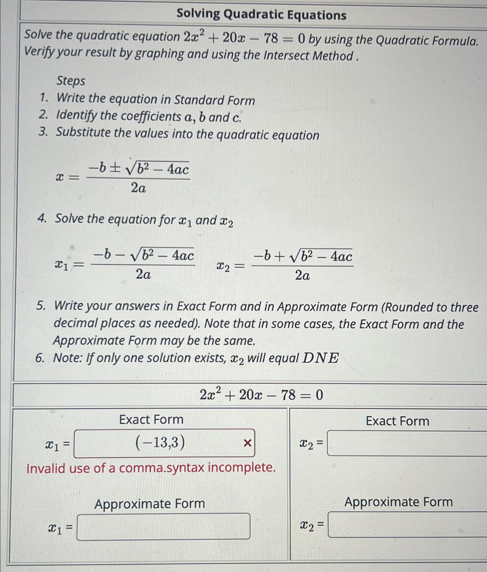 Solved Solving Quadratic EquationsSolve the quadratic | Chegg.com