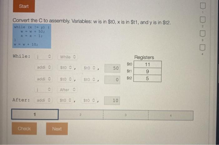 Start Convert the C to assembly. Variables: w is in | Chegg.com