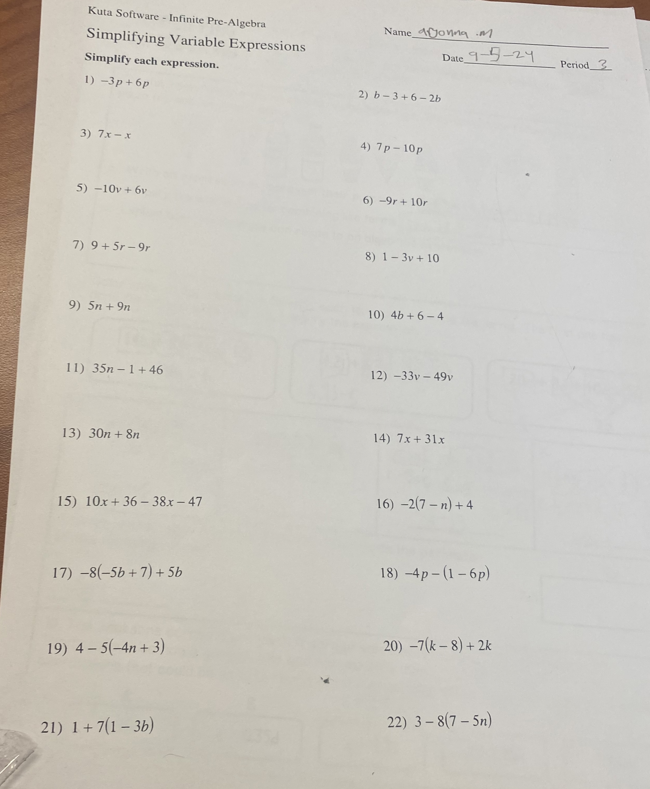 Kuta Software - ﻿Infinite Pre-AlgebraSimplifying | Chegg.com