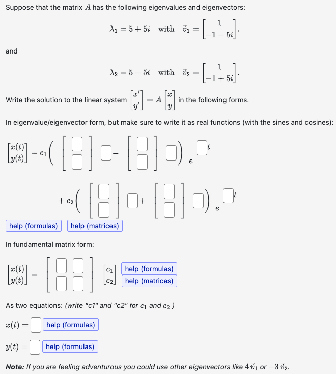 Solved In ﻿fundamental matrix form:c1 ﻿and c2 x(t)=y(t)= | Chegg.com