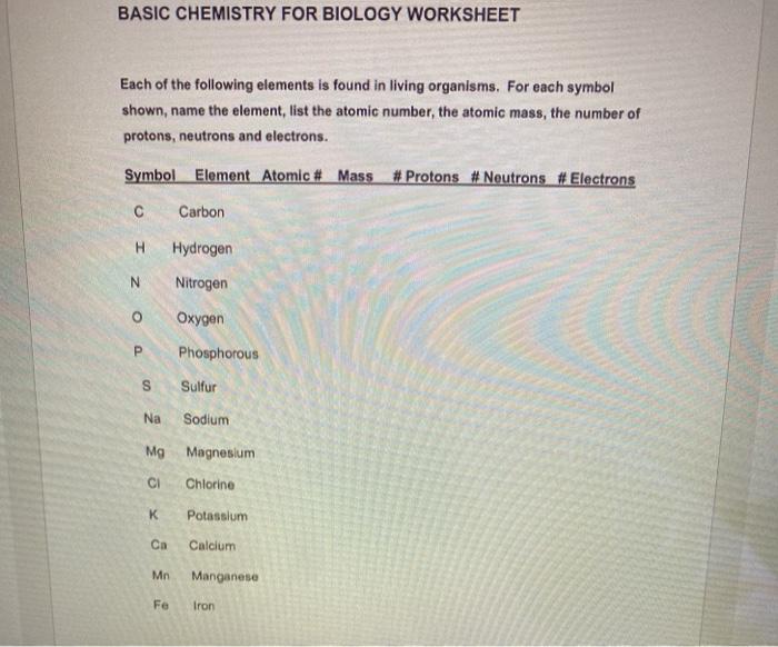 Solved BASIC CHEMISTRY FOR BIOLOGY WORKSHEET Each of the | Chegg.com