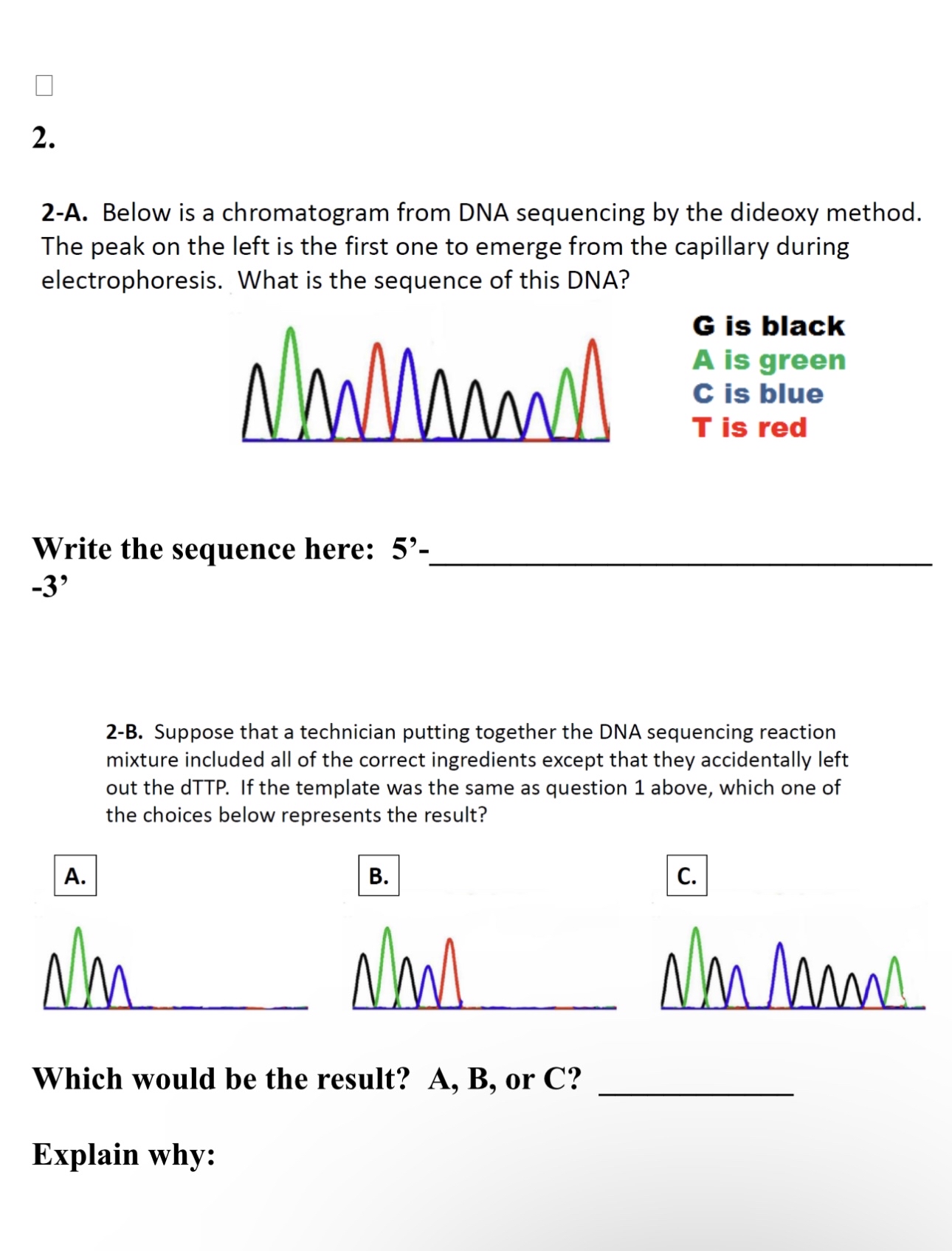 Solved 2-A. ﻿Below is a chromatogram from DNA sequencing by | Chegg.com
