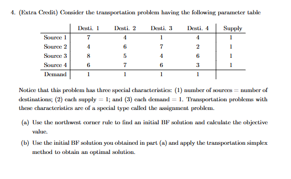 Solved 4. (Extra Credit) ﻿Consider the transportation | Chegg.com