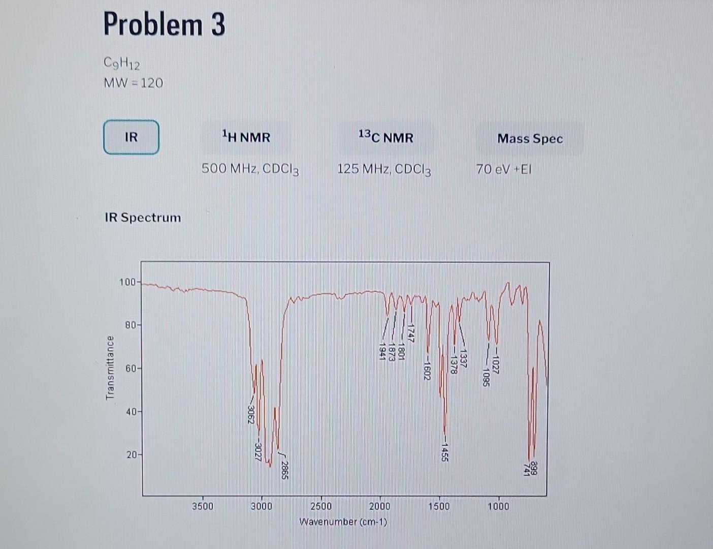 Solved MW=120 IR Spectrum1H NMR spectrum (CDCl3,500MHz) | Chegg.com