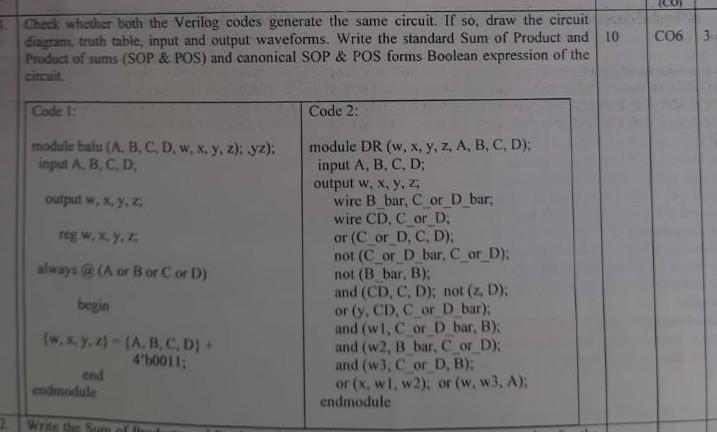 Solved Check whether both the Verilog codes generate the | Chegg.com