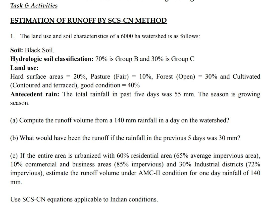 Solved Task & Activities ESTIMATION OF RUNOFF BY SCS-CN | Chegg.com