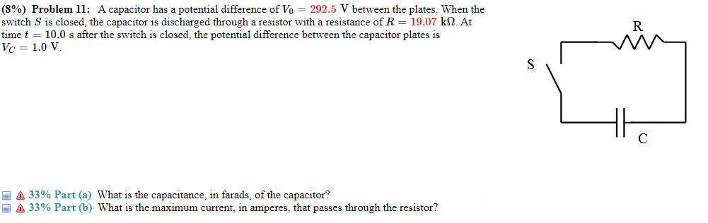 Solved ( 8% ) ﻿Problem 11: A capacitor has a potential | Chegg.com