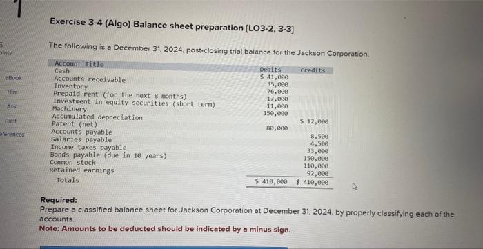 Solved Exercise 3-4 (Algo) Balance sheet preparation [LO3-2, | Chegg.com