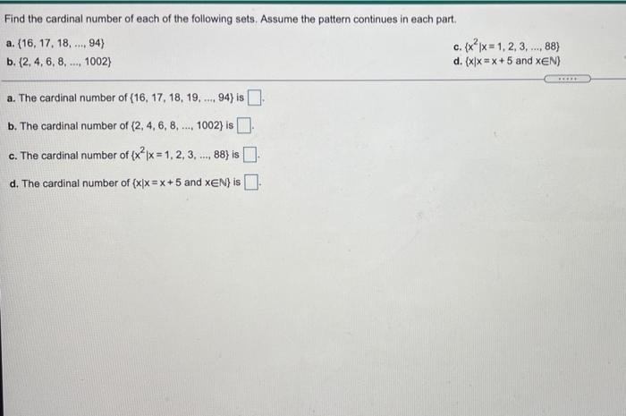 Solved Find the cardinal number of each of the following | Chegg.com