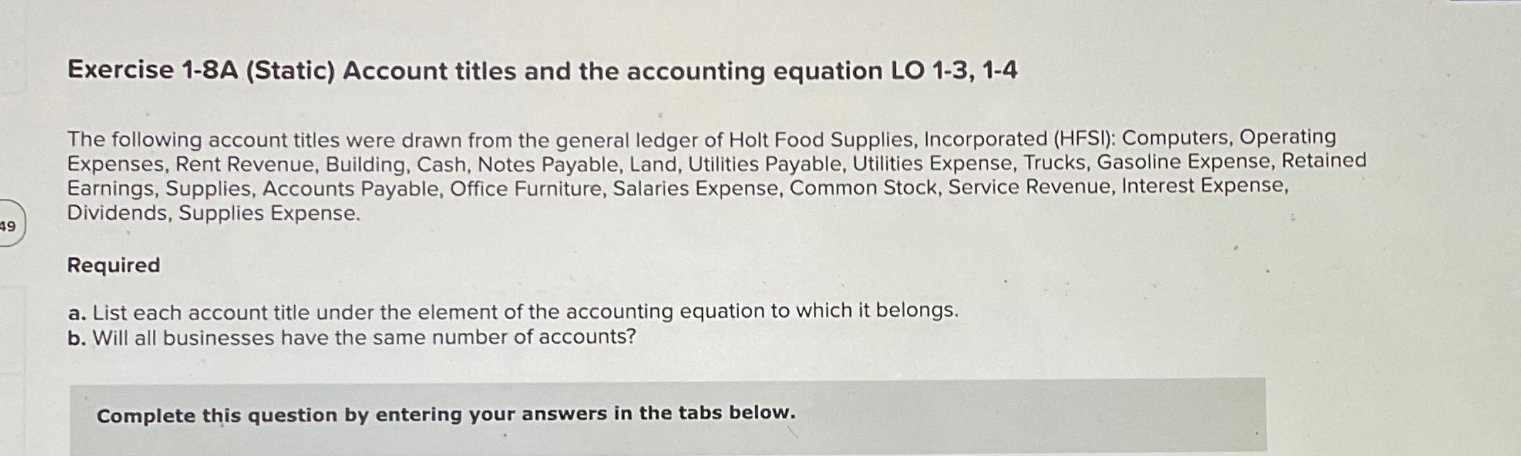 Solved Exercise 1-8A (Static) Account titles and the | Chegg.com