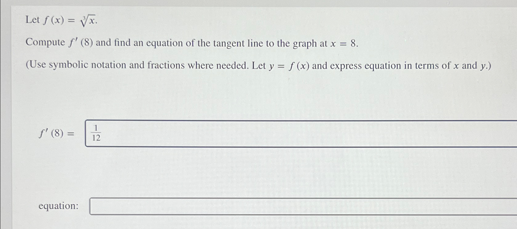 Solved Let f(x)=x3Compute f'(8) ﻿and find an equation of the | Chegg.com