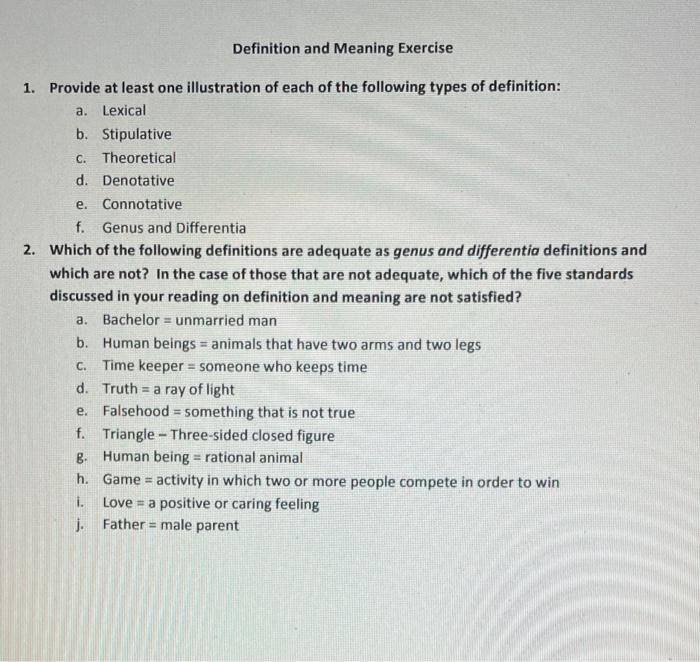 Definition and Meaning Exercise 1. Provide at least | Chegg.com