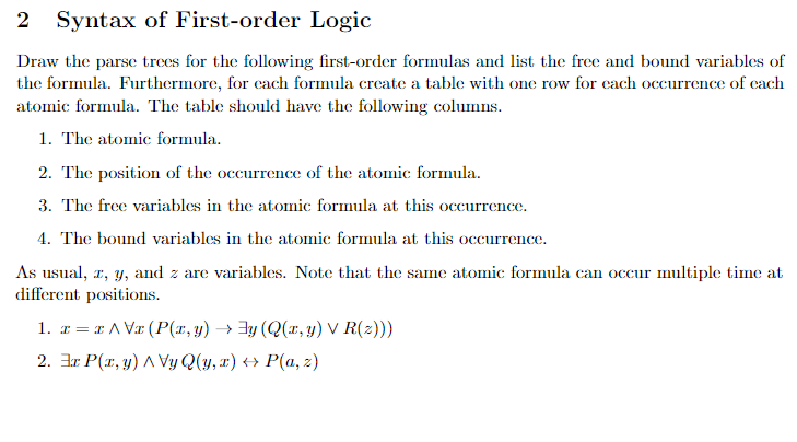 Solved 2 ﻿Syntax of First-order LogicDraw the parse trees | Chegg.com