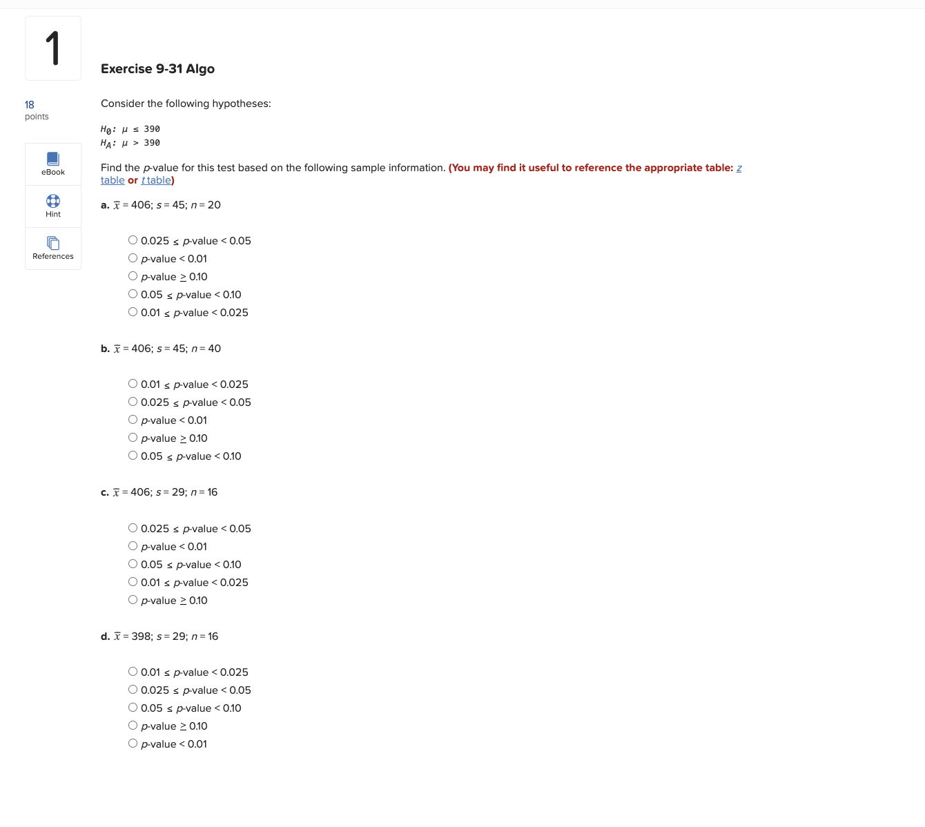 Solved Exercise 9-31 ﻿Algob. x‾=406;s=45;n=400.01≤p-value | Chegg.com
