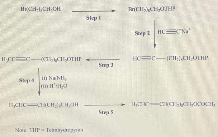 Solved Br(CH2),CH2OH Br(CH2)8CH OTHP Step 1 Step 2 HC=C Na | Chegg.com