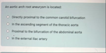 Solved An aortic arch root aneurysm is located:Directly | Chegg.com