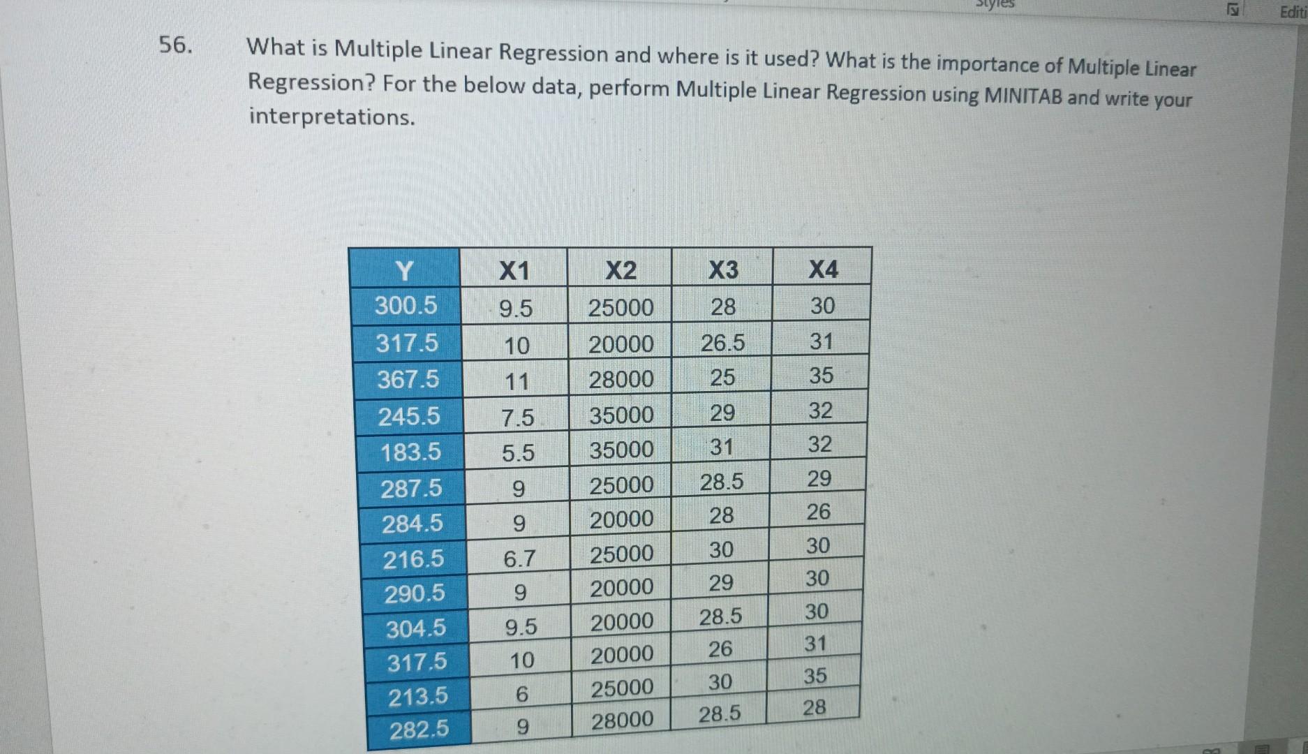 Solved What is Multiple Linear Regression and where is it | Chegg.com