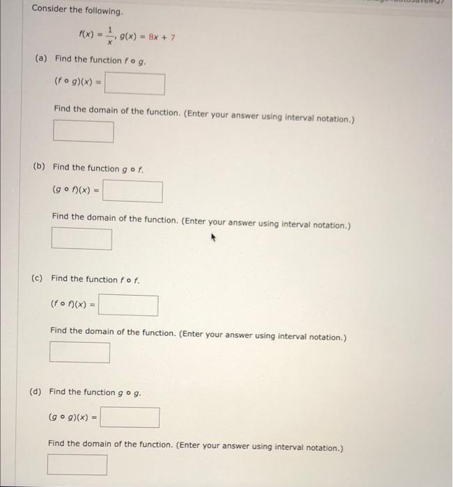 Solved Consider the following. f(x)=x1,g(x)=8x+7 (a) Find | Chegg.com