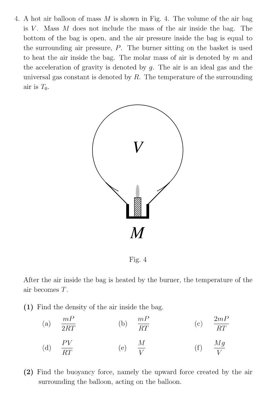Solved 4. A hot air balloon of mass M is shown in Fig. 4. | Chegg.com