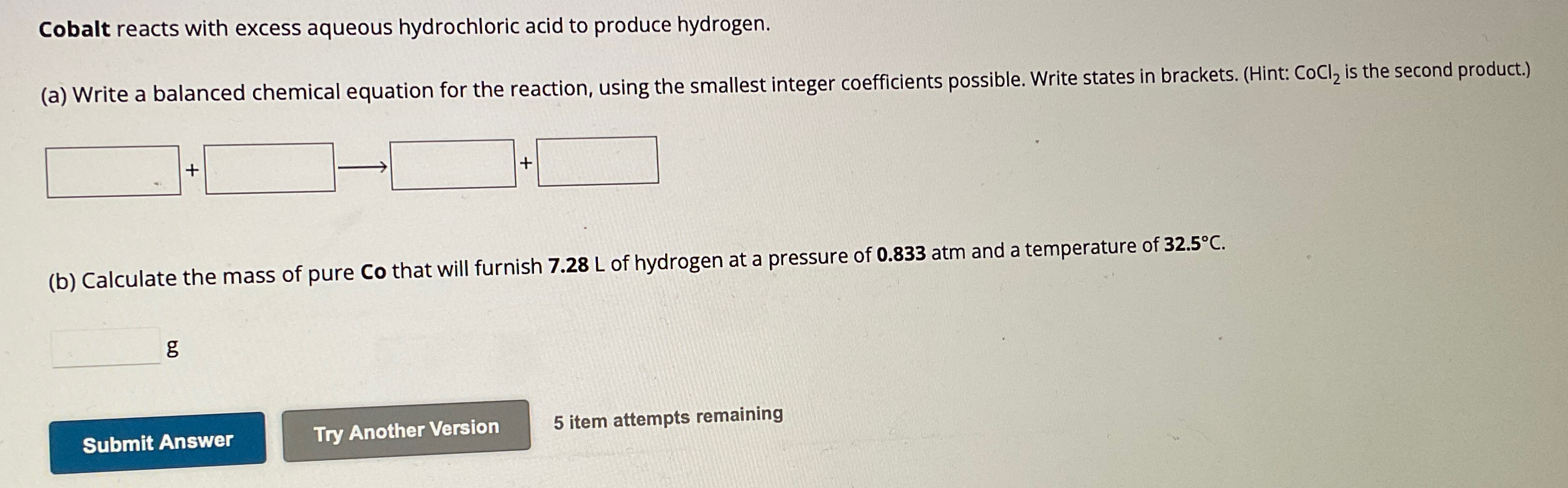 Solved Cobalt reacts with excess aqueous hydrochloric acid | Chegg.com