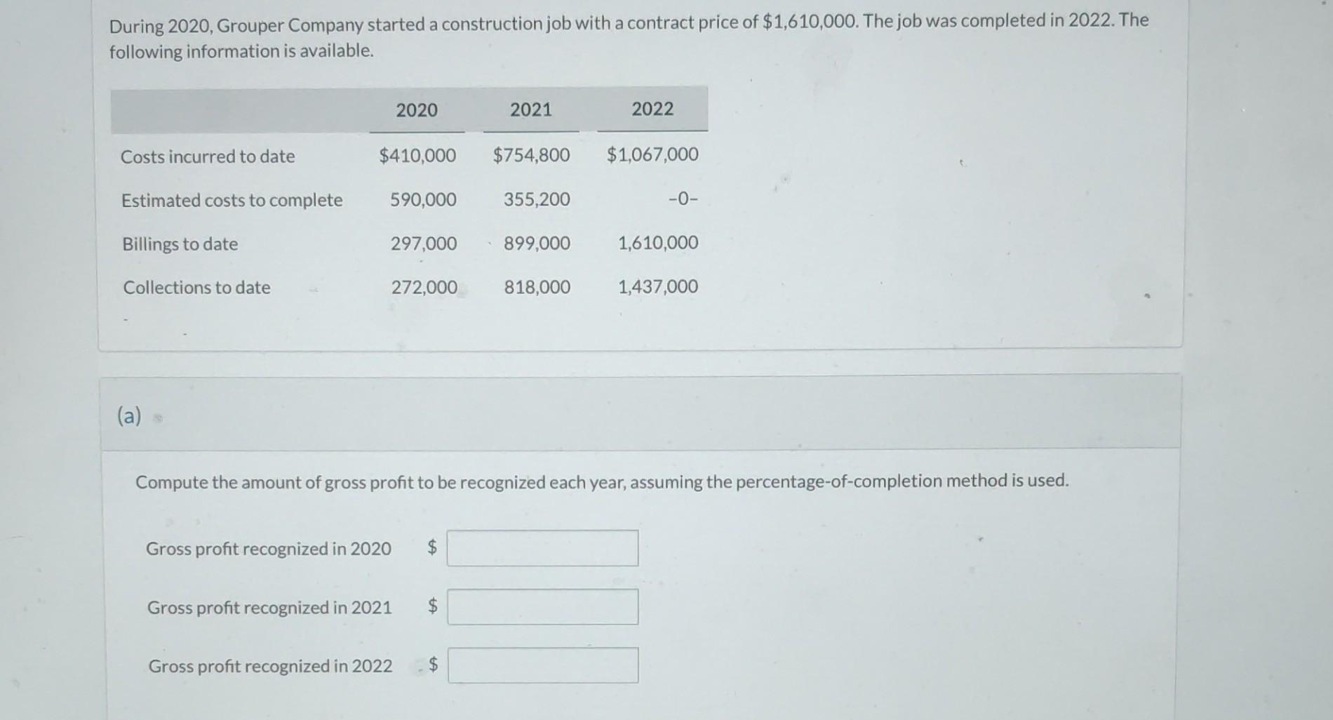 Solved During 2020, Grouper Company started a construction | Chegg.com