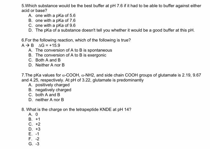 Solved 5.Which substance would be the best buffer at pH7.6 | Chegg.com