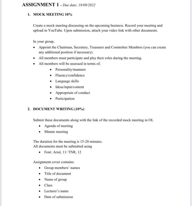 1. MOCK MEETING 10% Create a mock meeting discussing | Chegg.com