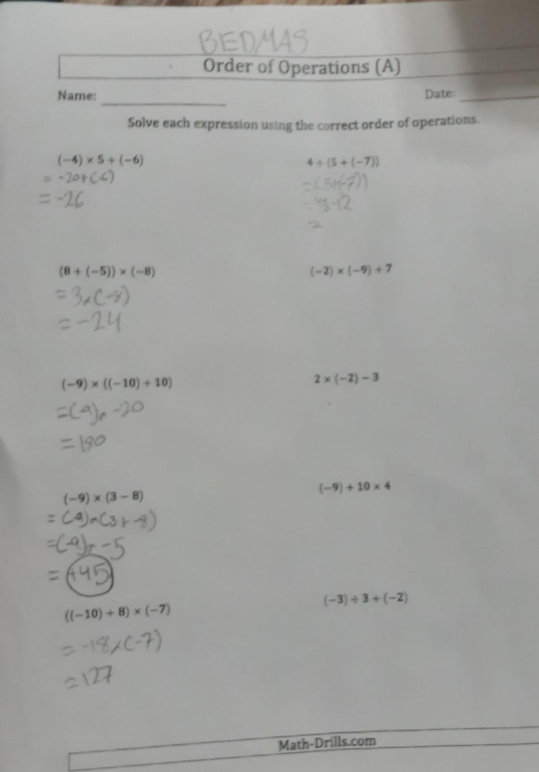 Solved BEDMAS Order of Operations (A) Name; Date Solve each | Chegg.com