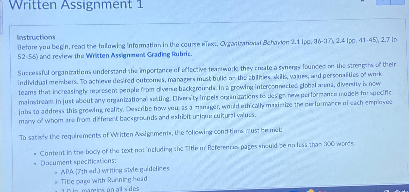 Solved Written Assignment 1InstructionsBefore you begin, | Chegg.com