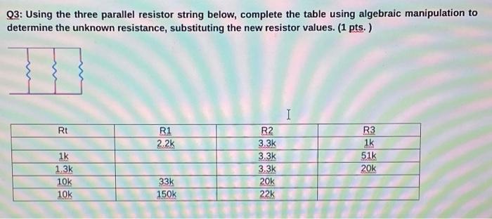 Solved Q3: Using the three parallel resistor string below, | Chegg.com
